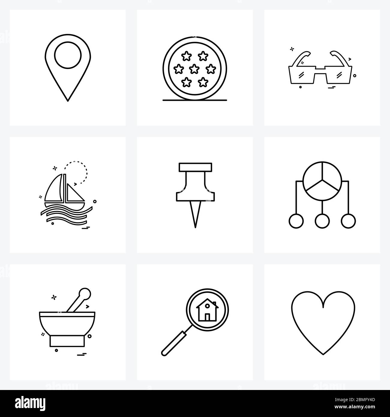 9 Universal Line Icons For Web And Mobile Work Pin Glasses Office Boat Vector Illustration