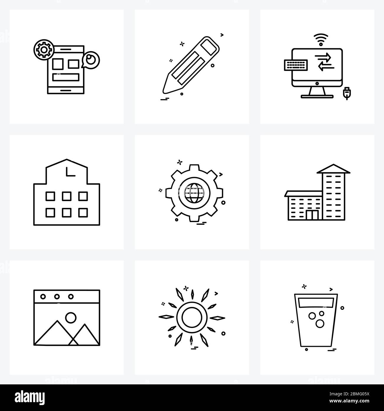 Line Icon Set of 9 Modern Symbols of gear, transportation, monitor ...