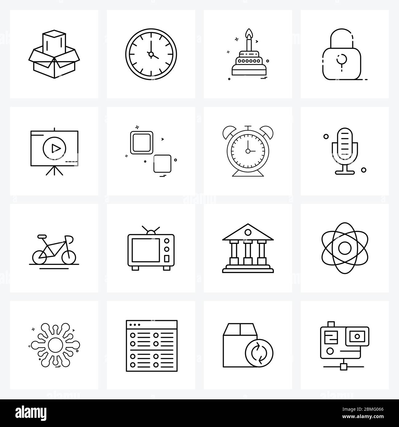 Universal Symbols of 16 Modern Line Icons of box, tools, birthday ...