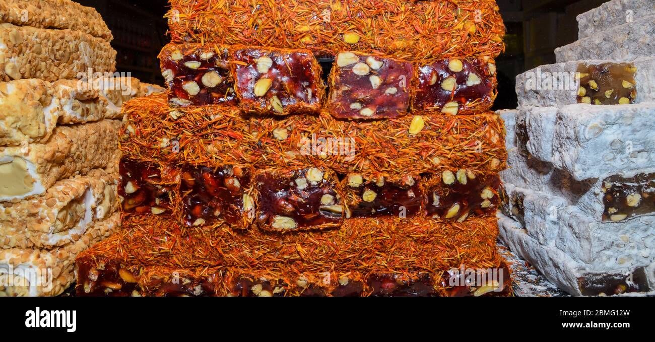 Traditional "lokum rolls" a sweet dessert turkish delights, pastry with ...