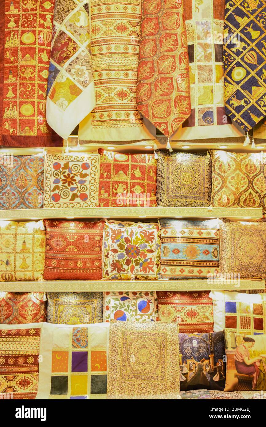 Istanbul, Turkish, 20.12.2019: Turkish design pillows stack pile cafe ...