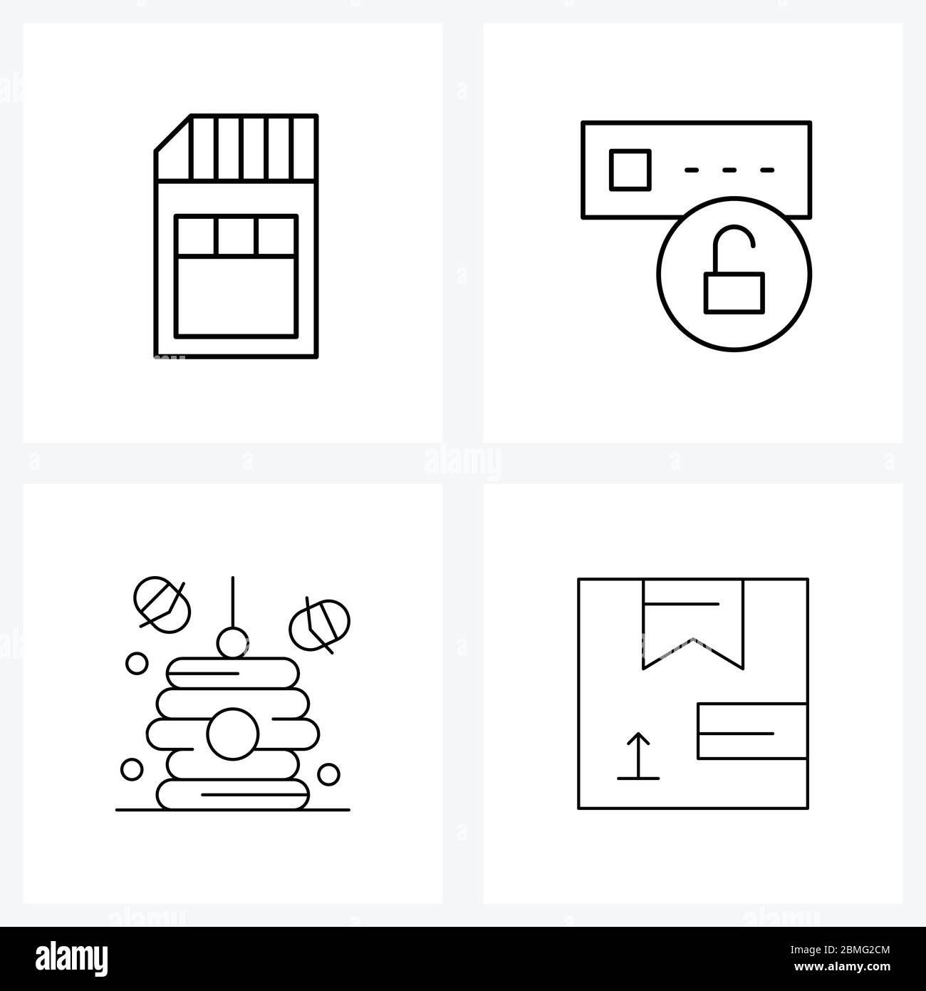 Set of 4 Simple Line Icons for Web and Print such as card, agriculture, technology, unlock, box ...
