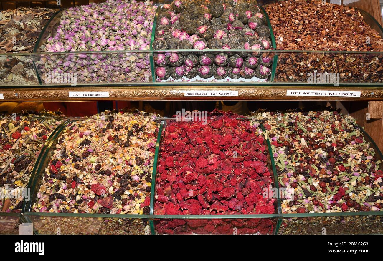 Assorted tea and spices specialties in Istanbul Turkey, Grand Bazaar ...