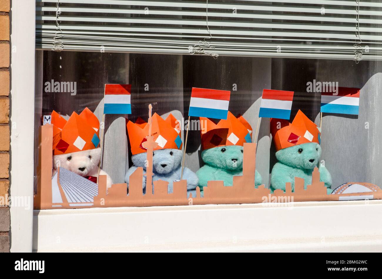 Rotterdam, The Netherlands, April 26, 2020: four teddy bears with Dutch ...