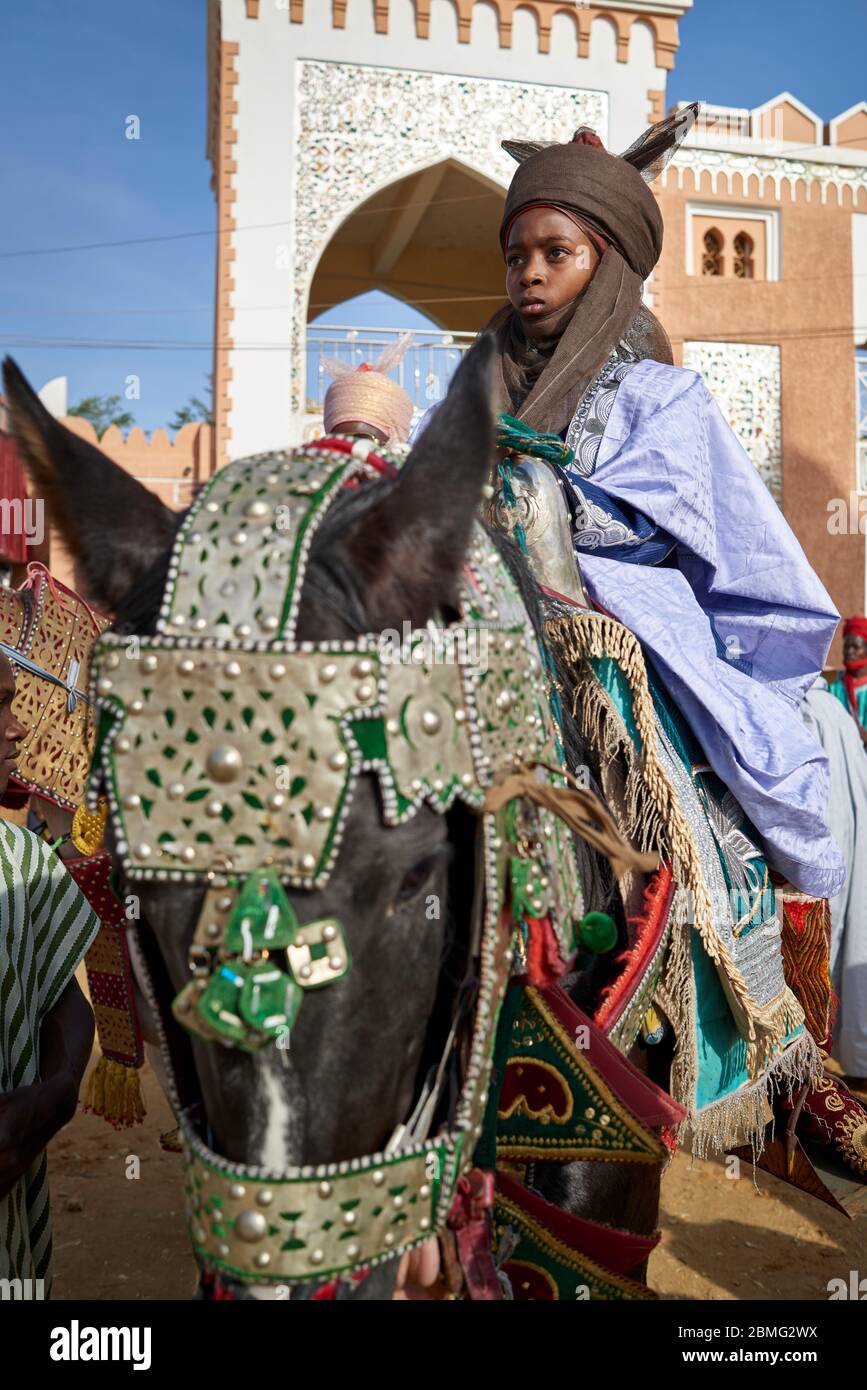 Nobleman rider dressed in a colourful outfit mounting an embellished ...