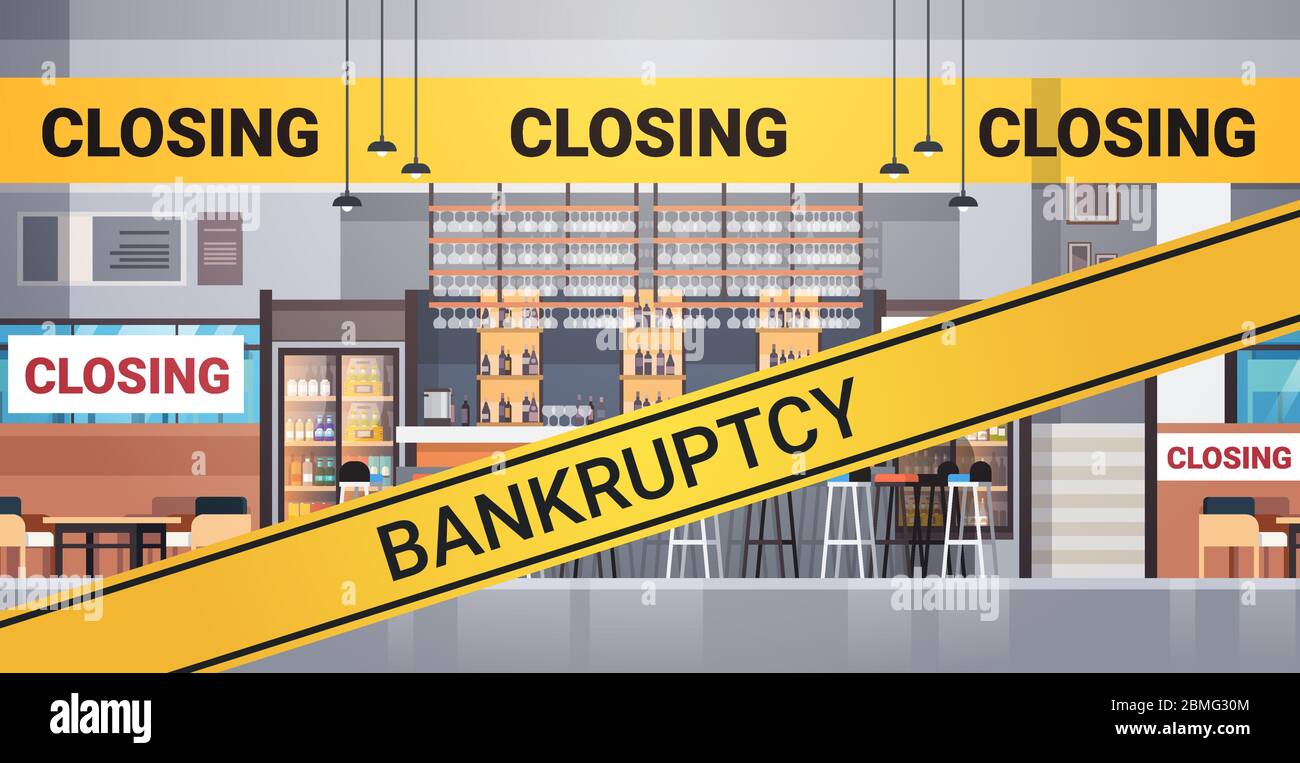 empty closed bar with yellow bankruptcy closing tape coronavirus ...