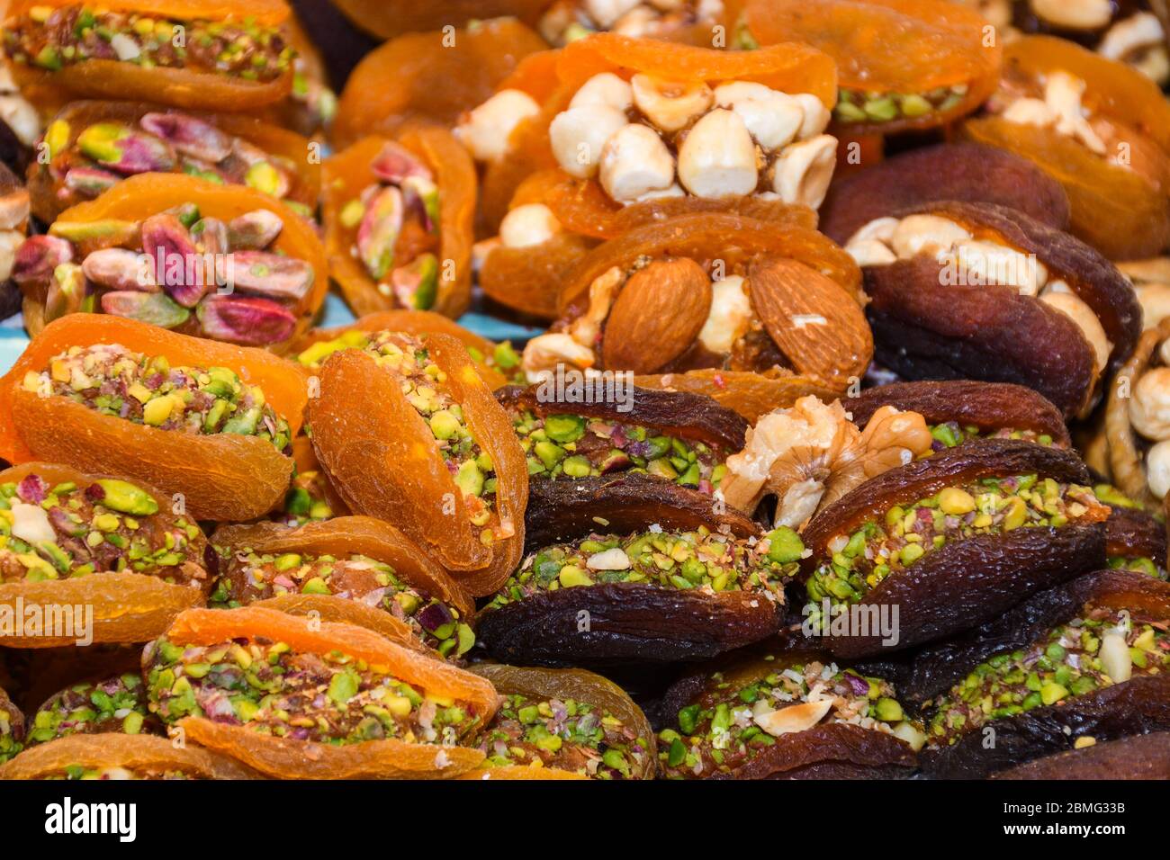 Counter with various dried fruits on the Grand Bazaar in Istanbul ...