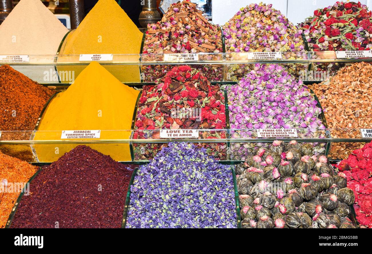 Assorted tea and spices specialties in Istanbul Turkey, Grand Bazaar ...