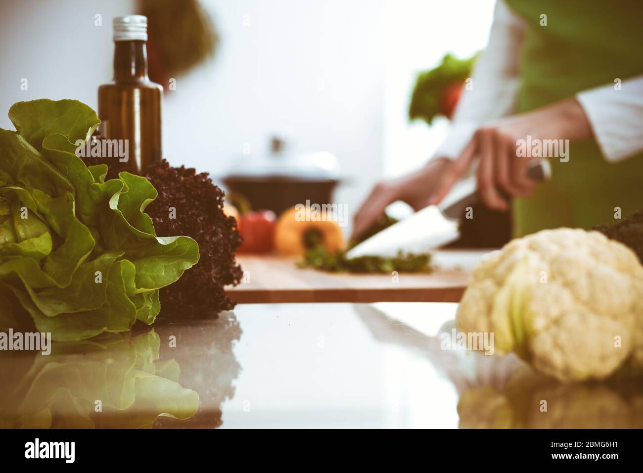 Unknown human hands cooking in kitchen. Woman is busy with vegetable ...