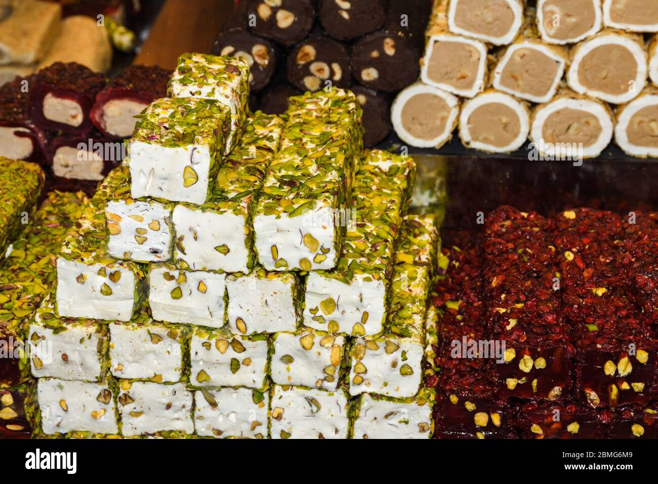 Traditional "lokum rolls" a sweet dessert turkish delights, pastry with ...
