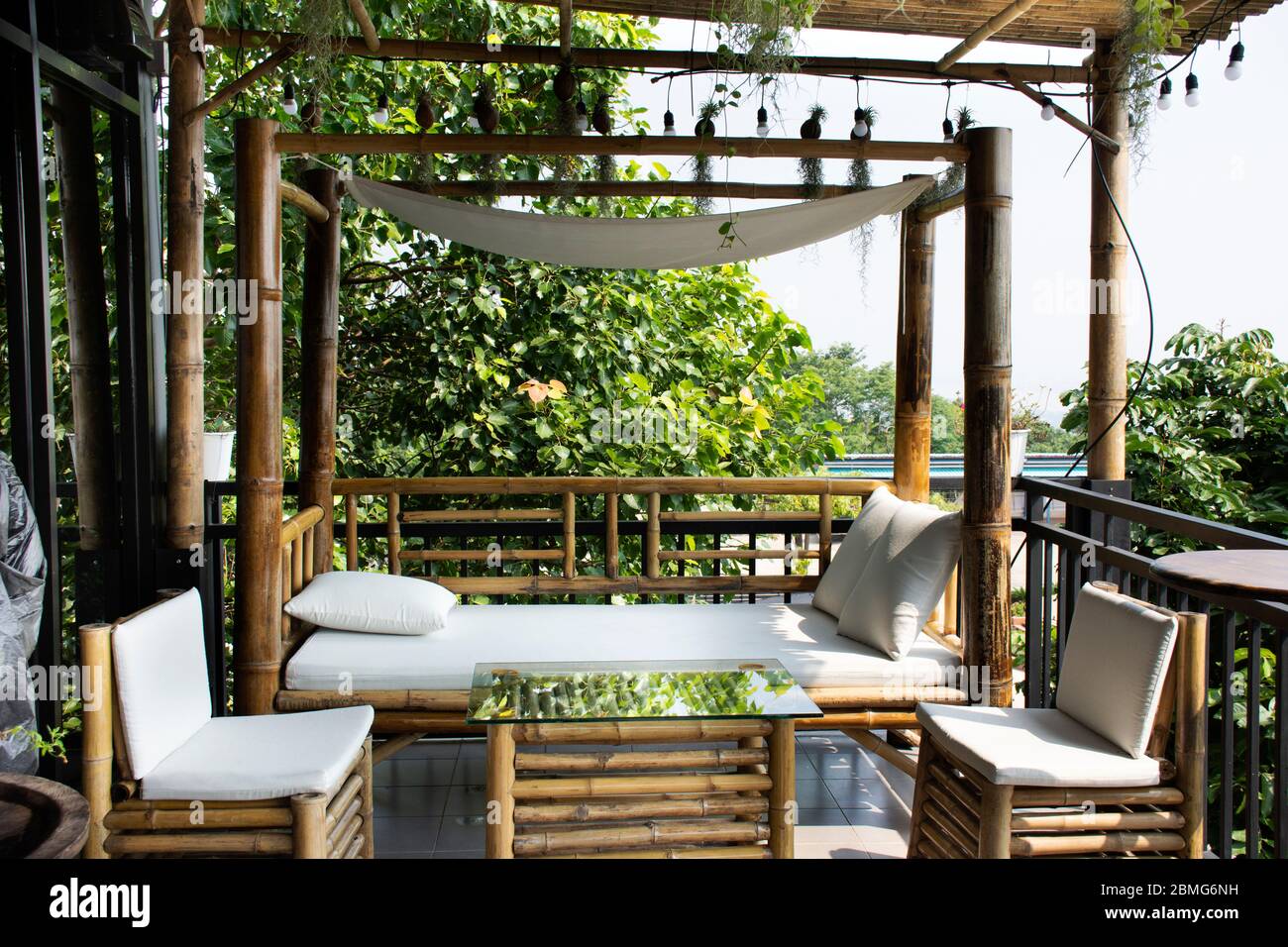 Exterior design and decoration furniture at terrace outdoor of cafe ...