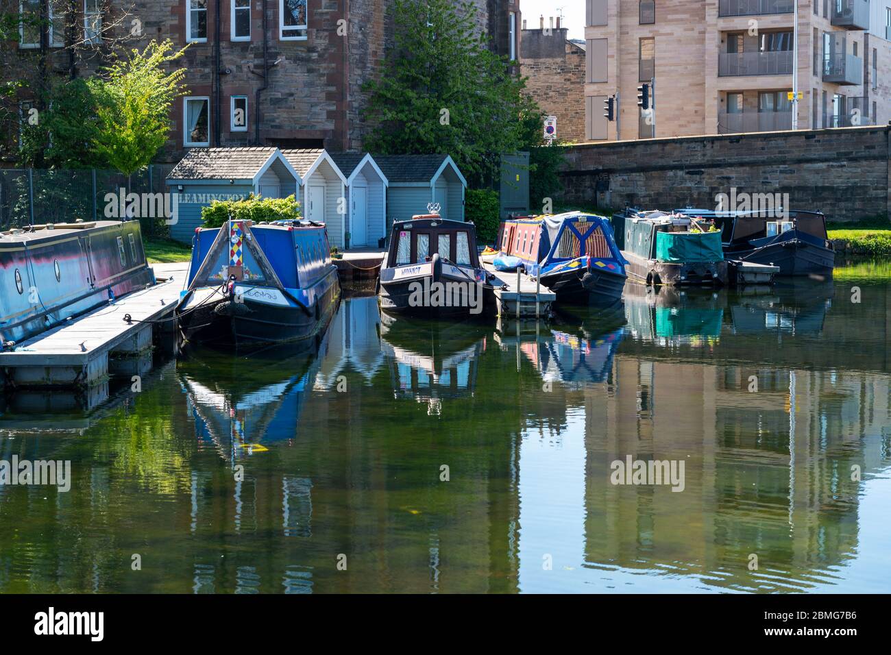 Narrow boats moored at side of Union Canal next to Viewforth Bridge at ...