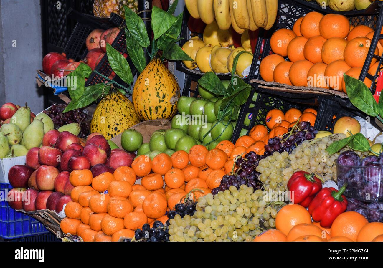 Fresh and organic fruits at farmers market. Biological and organic ...
