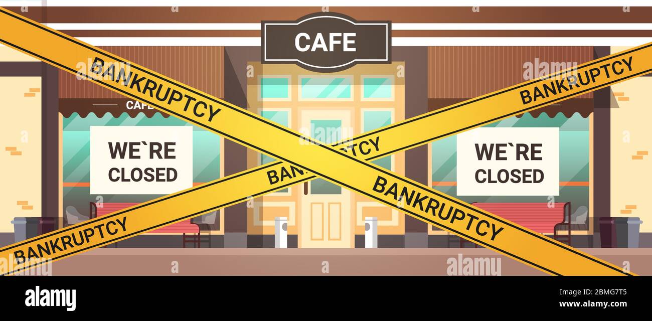 empty closed bar with yellow bankruptcy closing tape coronavirus ...