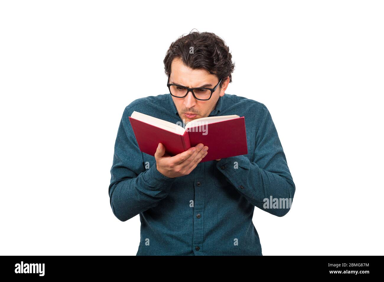 Portrait of stupefied nerd student guy, or professor wears eyeglasses ...
