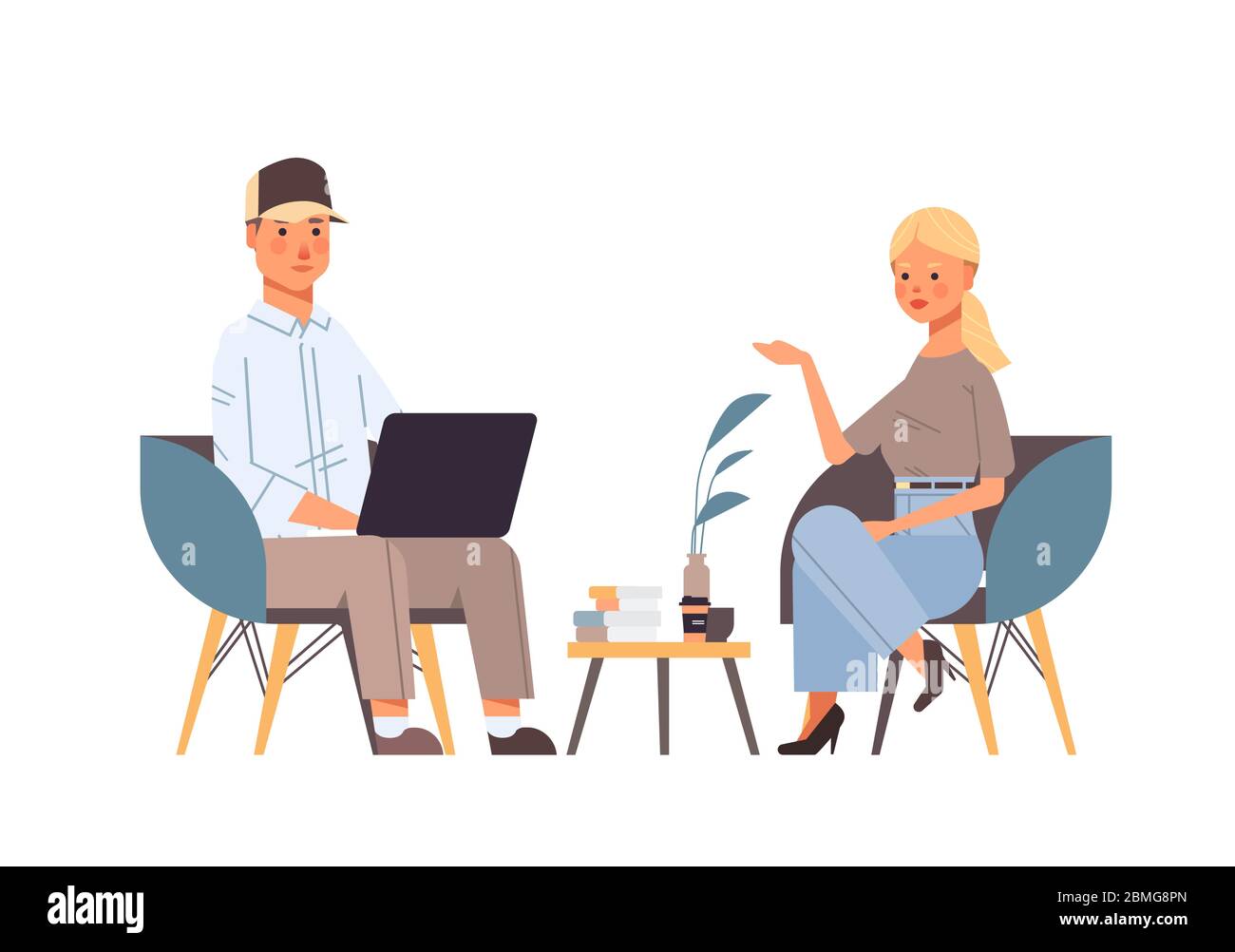 couple discussing during meeting man using laptop interviews with ...