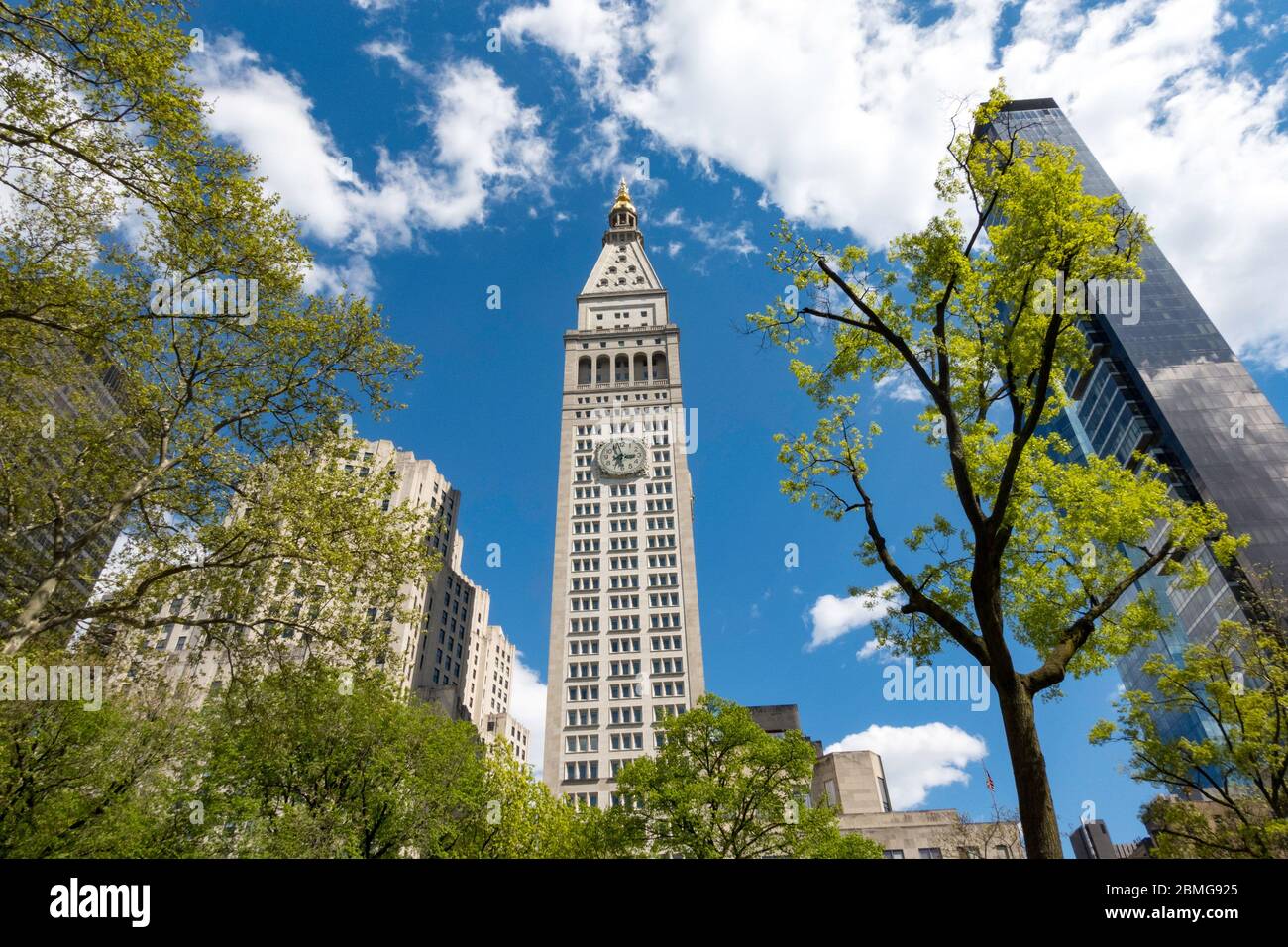 MetLife Tower with spring trees of Madison Square Park in the ...
