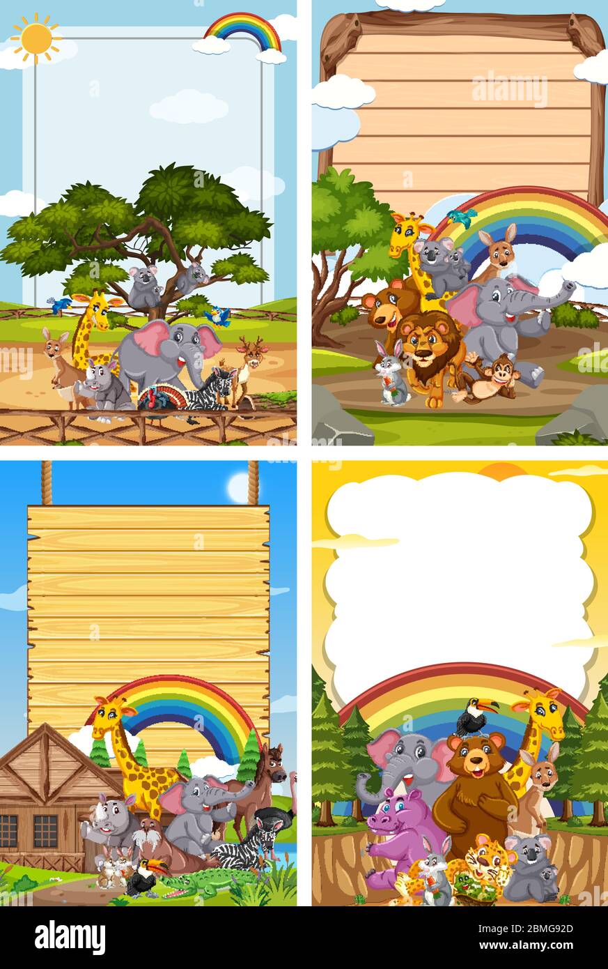 Border template design with many wild animals in background ...