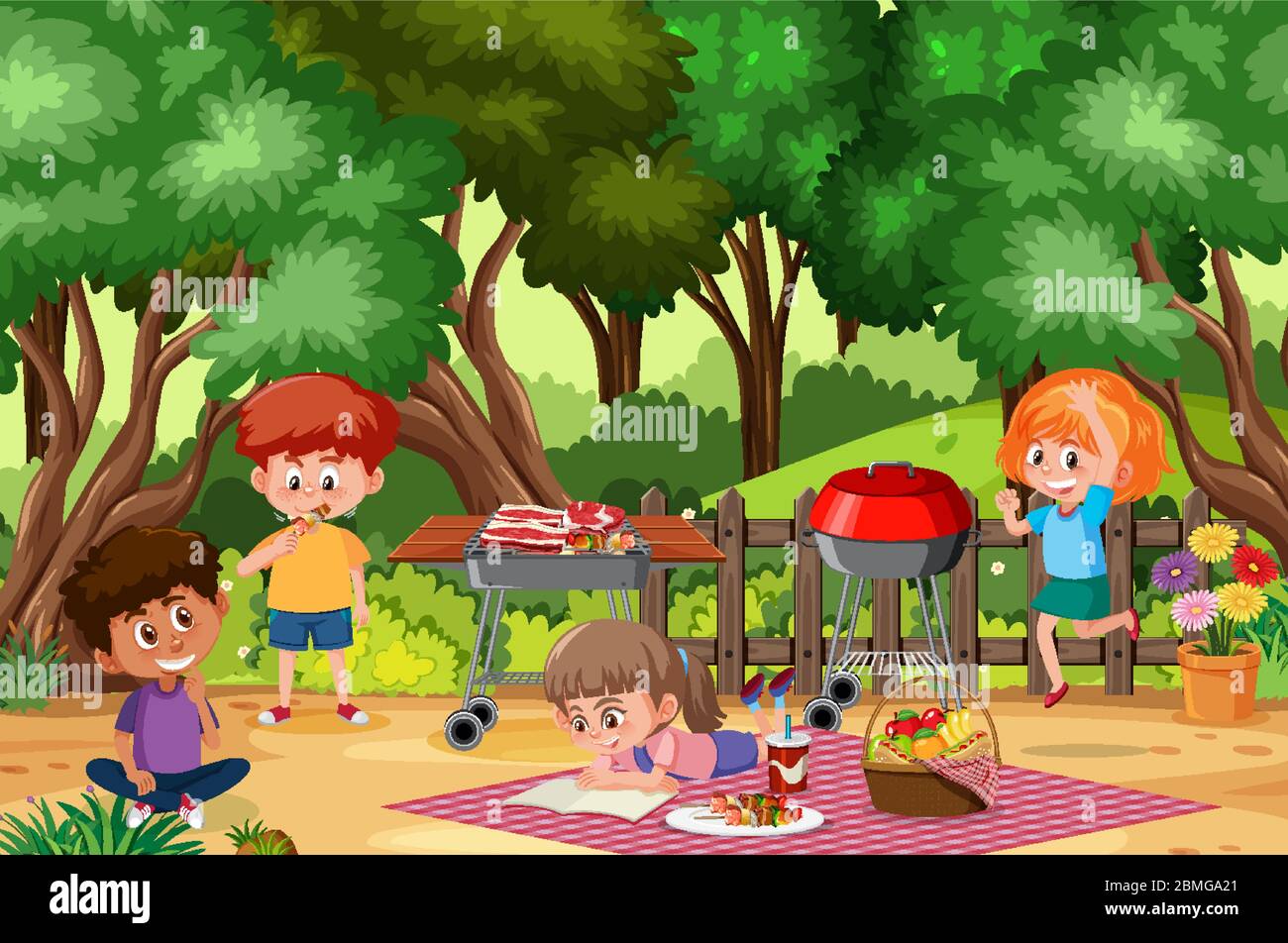 Background scene with happy kids eating in the park illustration Stock ...