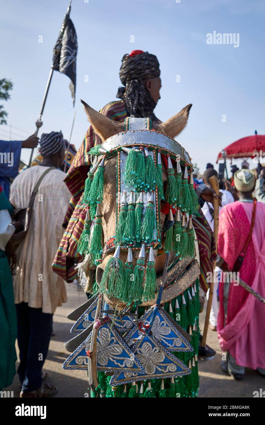 Nobleman rider dressed in a colourful outfit mounting an embellished ...