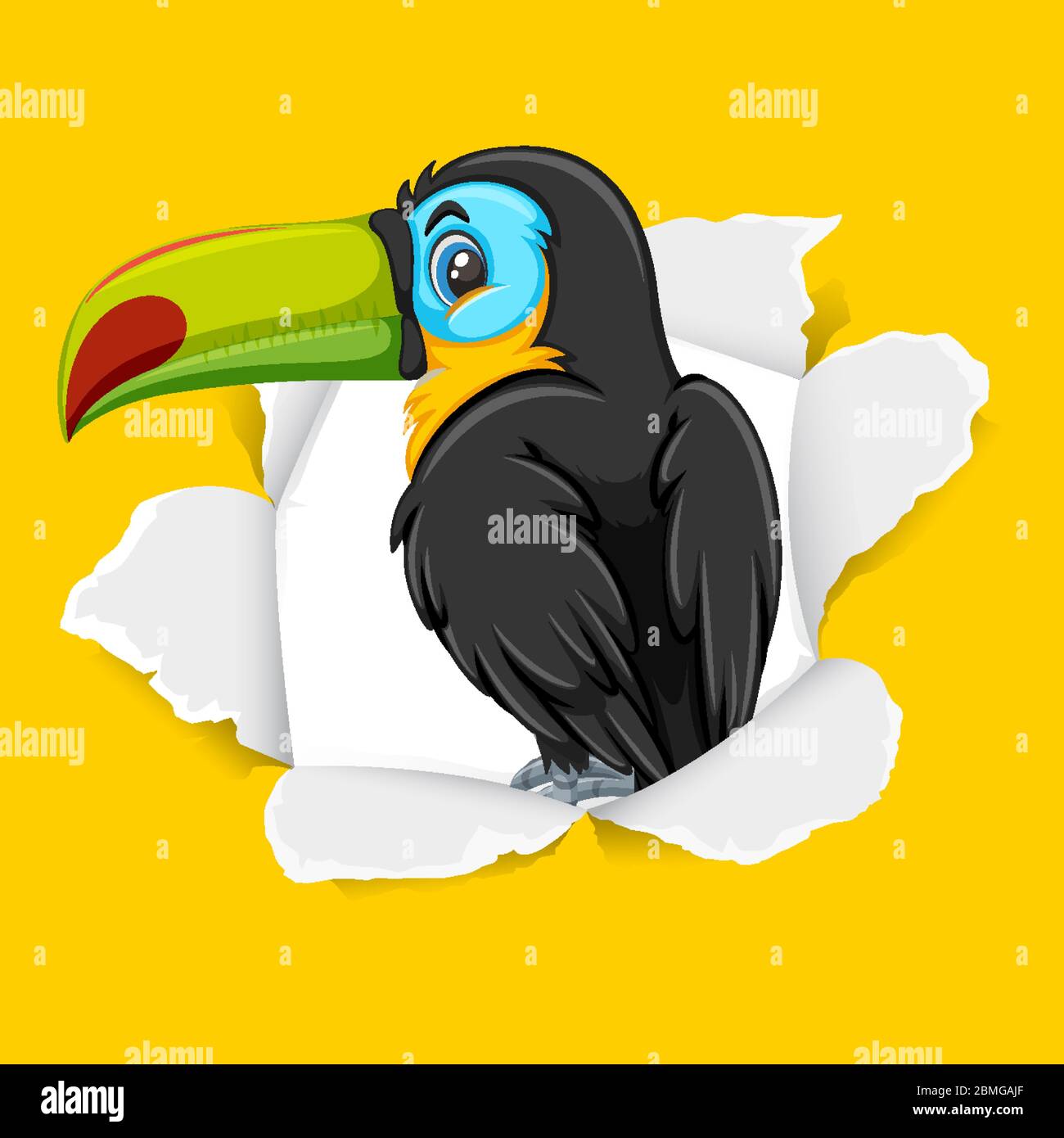 Background template design with wild toucan bird on yellow paper ...