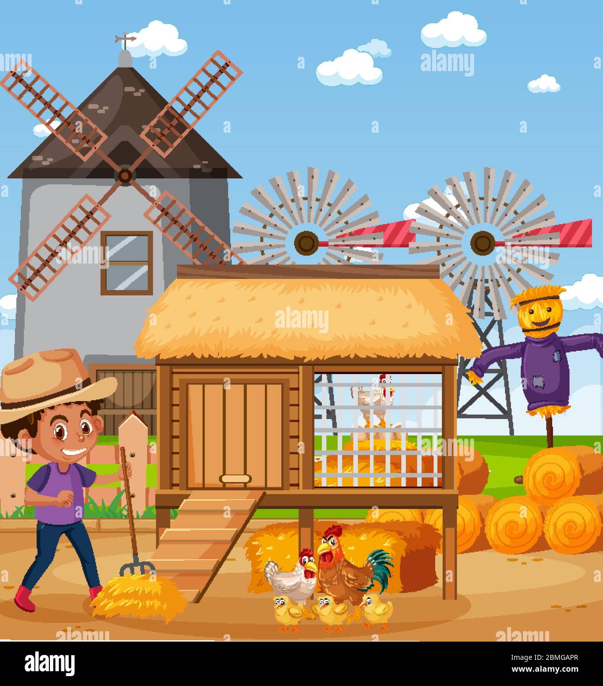 Scene with farmboy feeding chickens on the farm illustration Stock ...