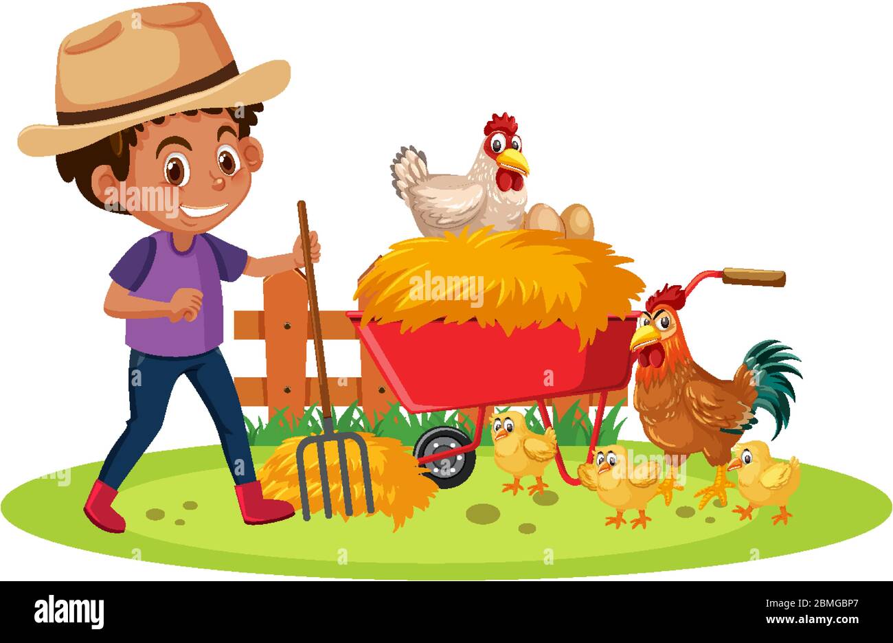 Farm scene with farmboy and many chickens illustration Stock Vector ...