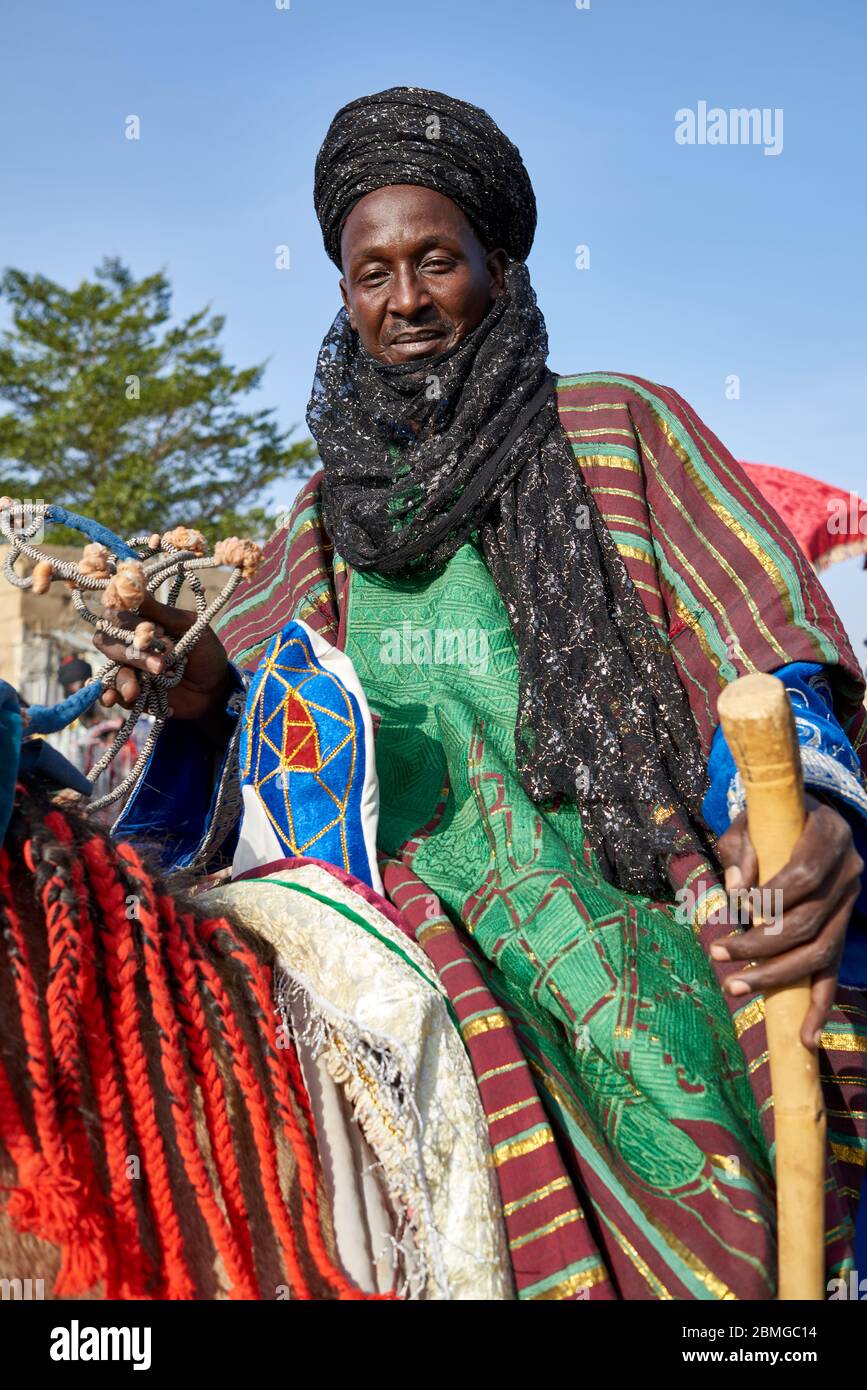 Nobleman rider dressed in a colourful outfit mounting an embellished ...