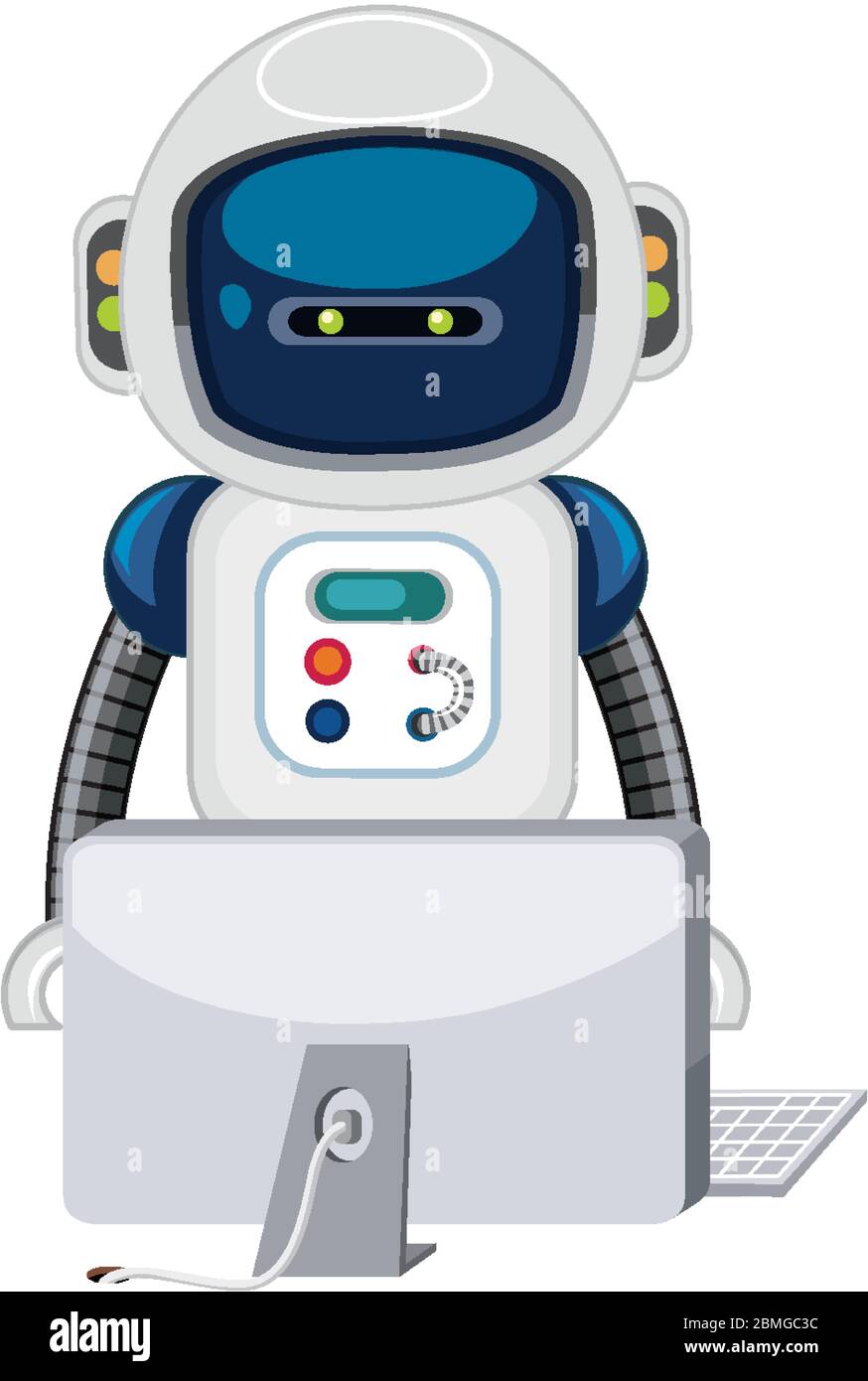 Robot working on computer on white background illustration Stock Vector ...