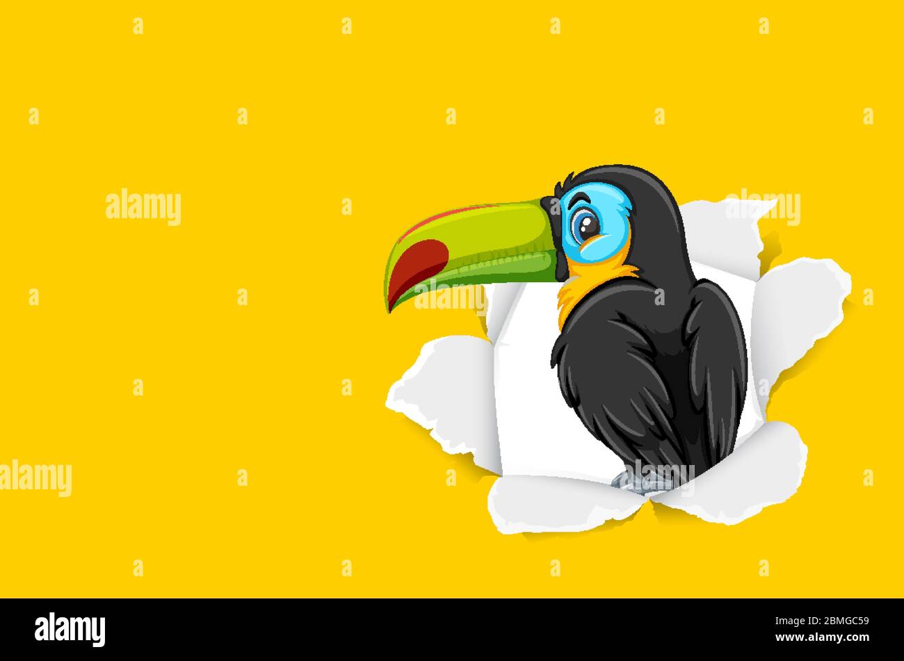Background template design with wild toucan bird on yellow paper ...