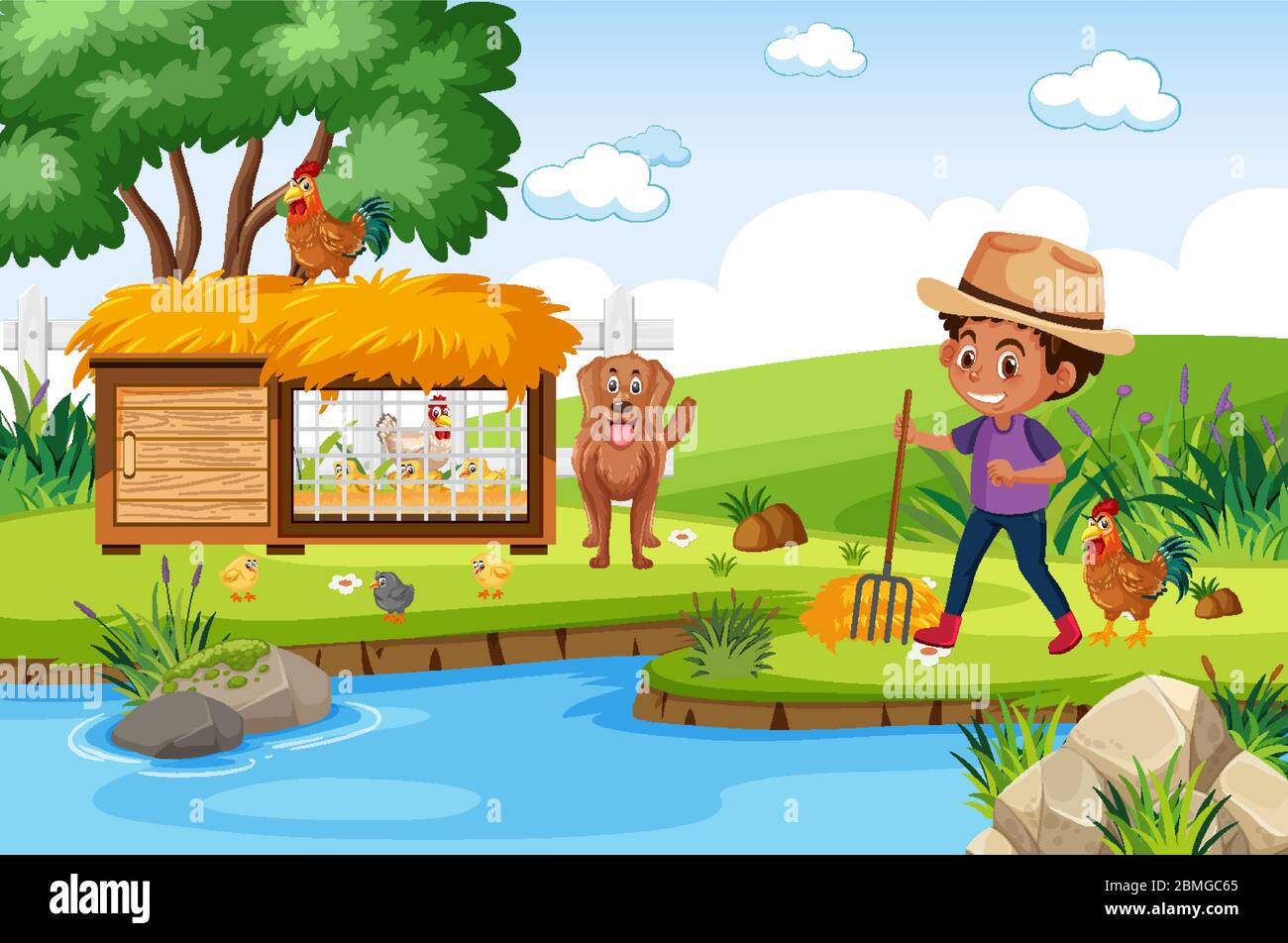 Background scene with chicken coop and farmboy illustration Stock ...