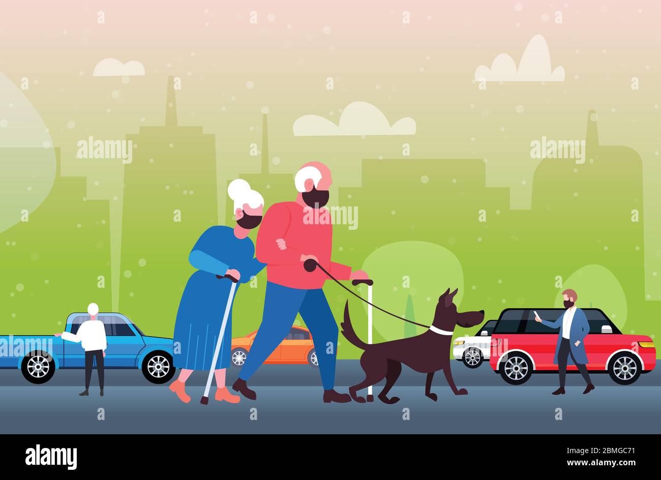 mature couple walking with dog senior man woman wearing mask to prevent ...