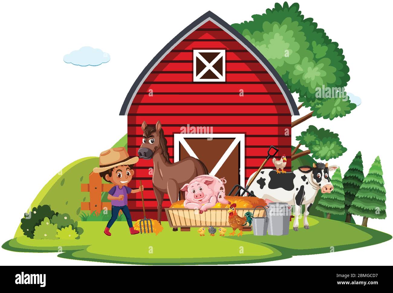 Farm scene with farmboy and many animals on the farm illustration Stock ...