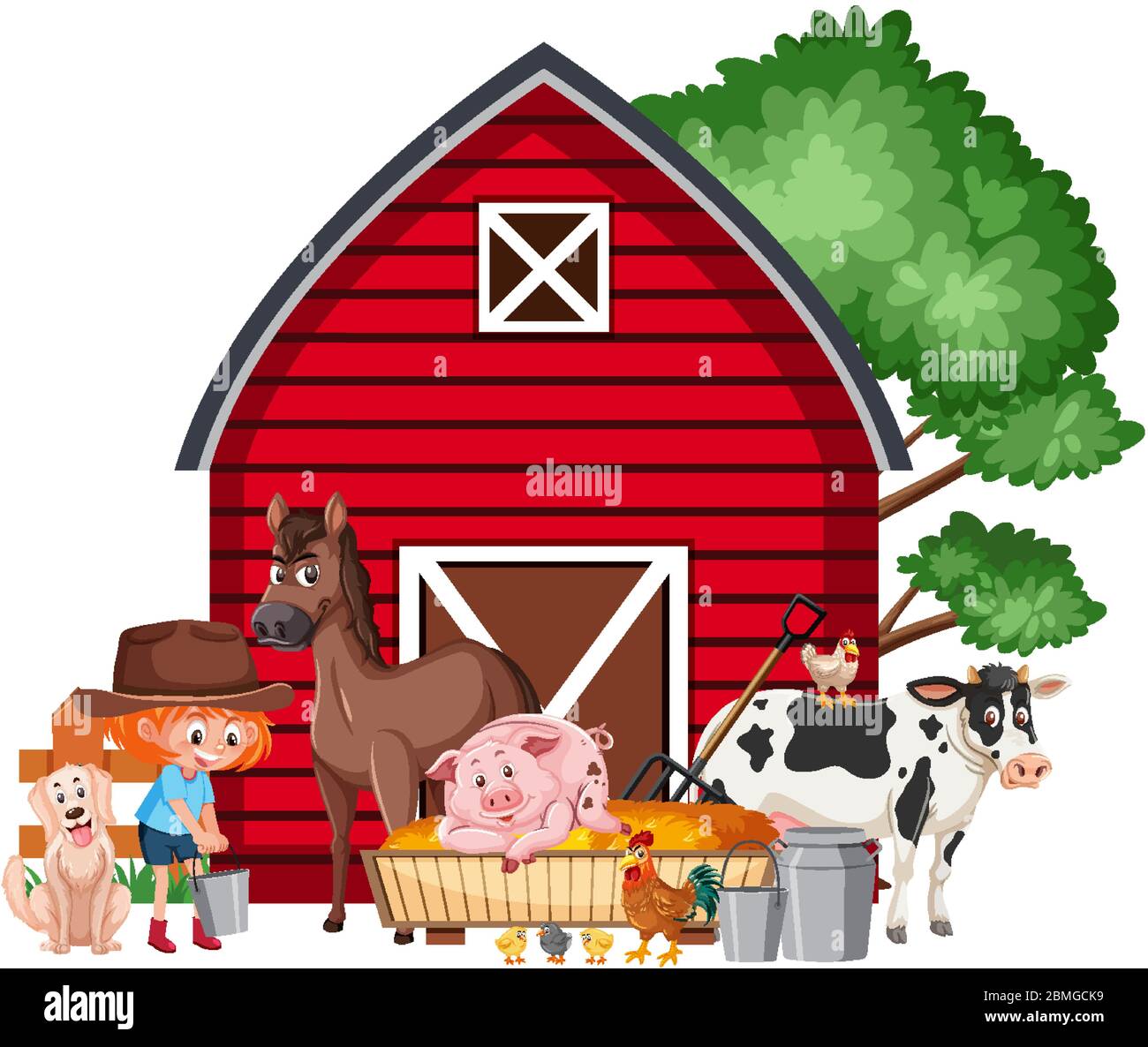 Scene with little girl feeding animals on the farm illustration Stock ...