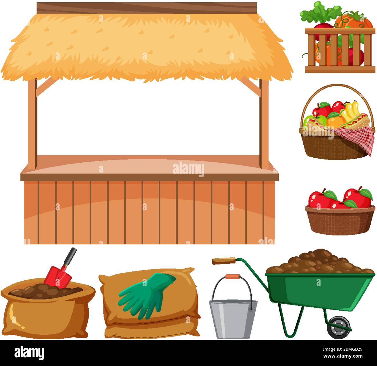 Food vendor and many farming items on white background illustration ...