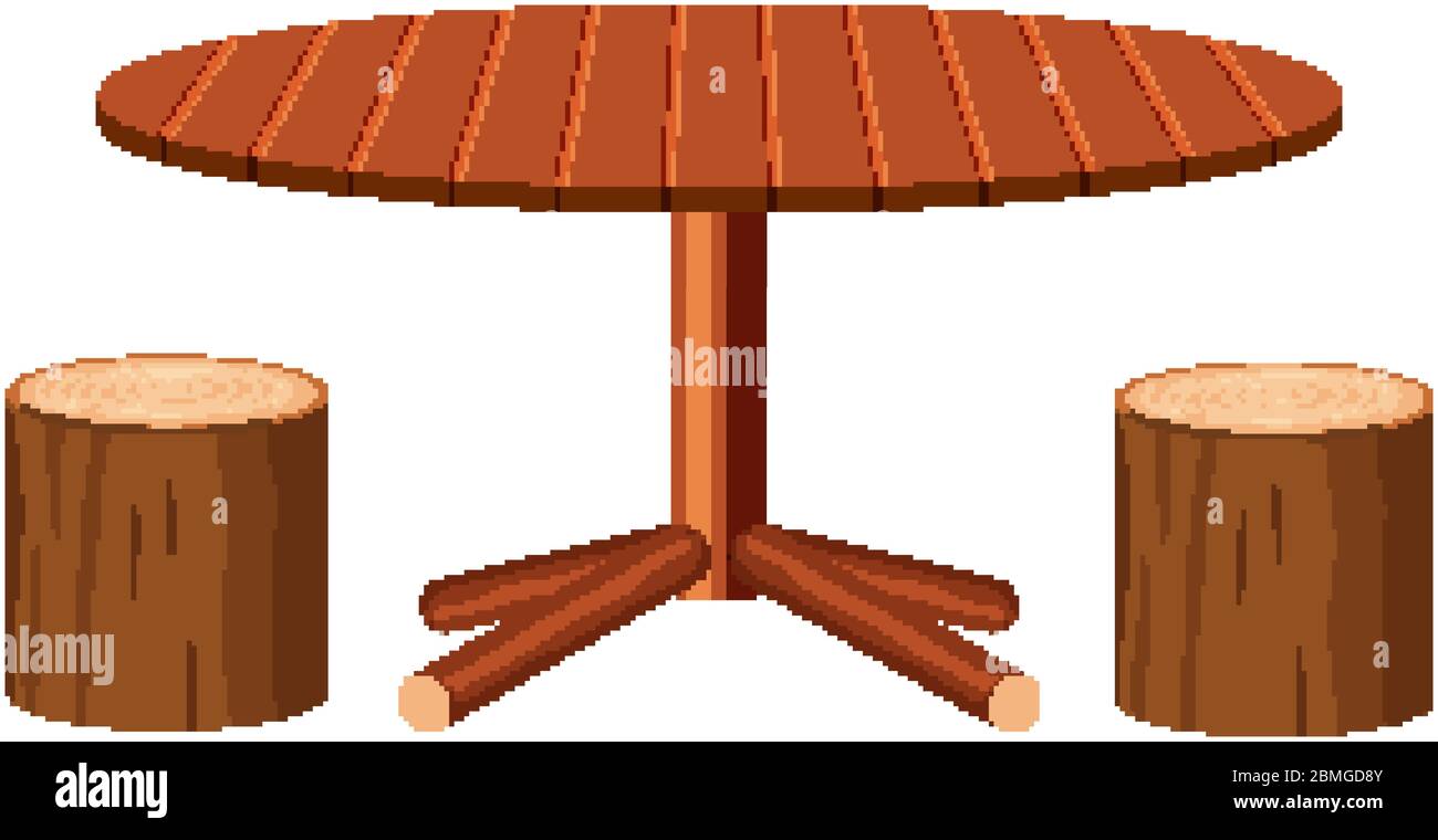 Wooden table and two log chairs on white background illustration Stock ...