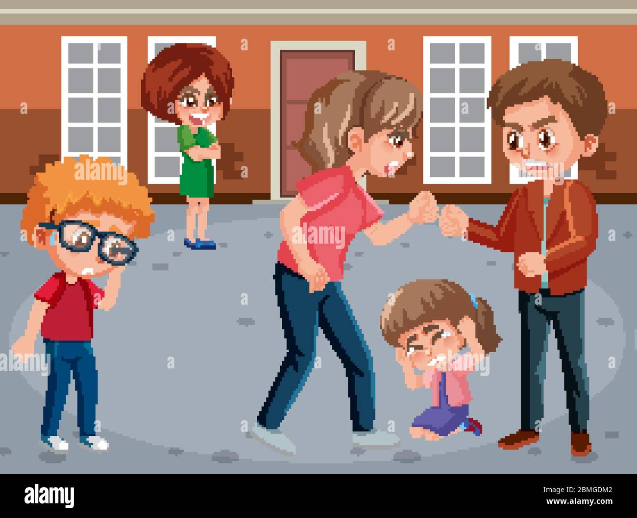 Scene with parents bullying their family at home illustration Stock ...