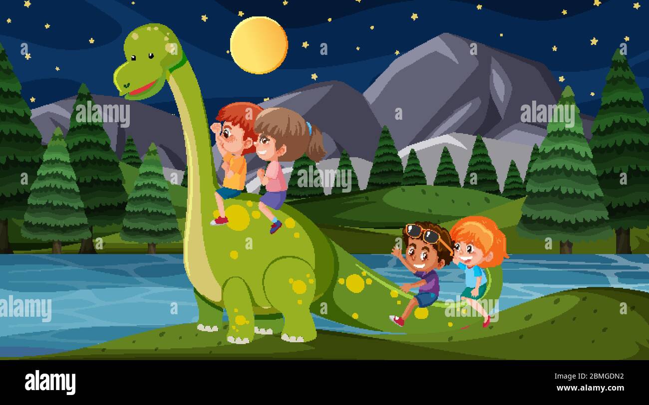 Scene with happy children riding dinosaur in the park at night ...