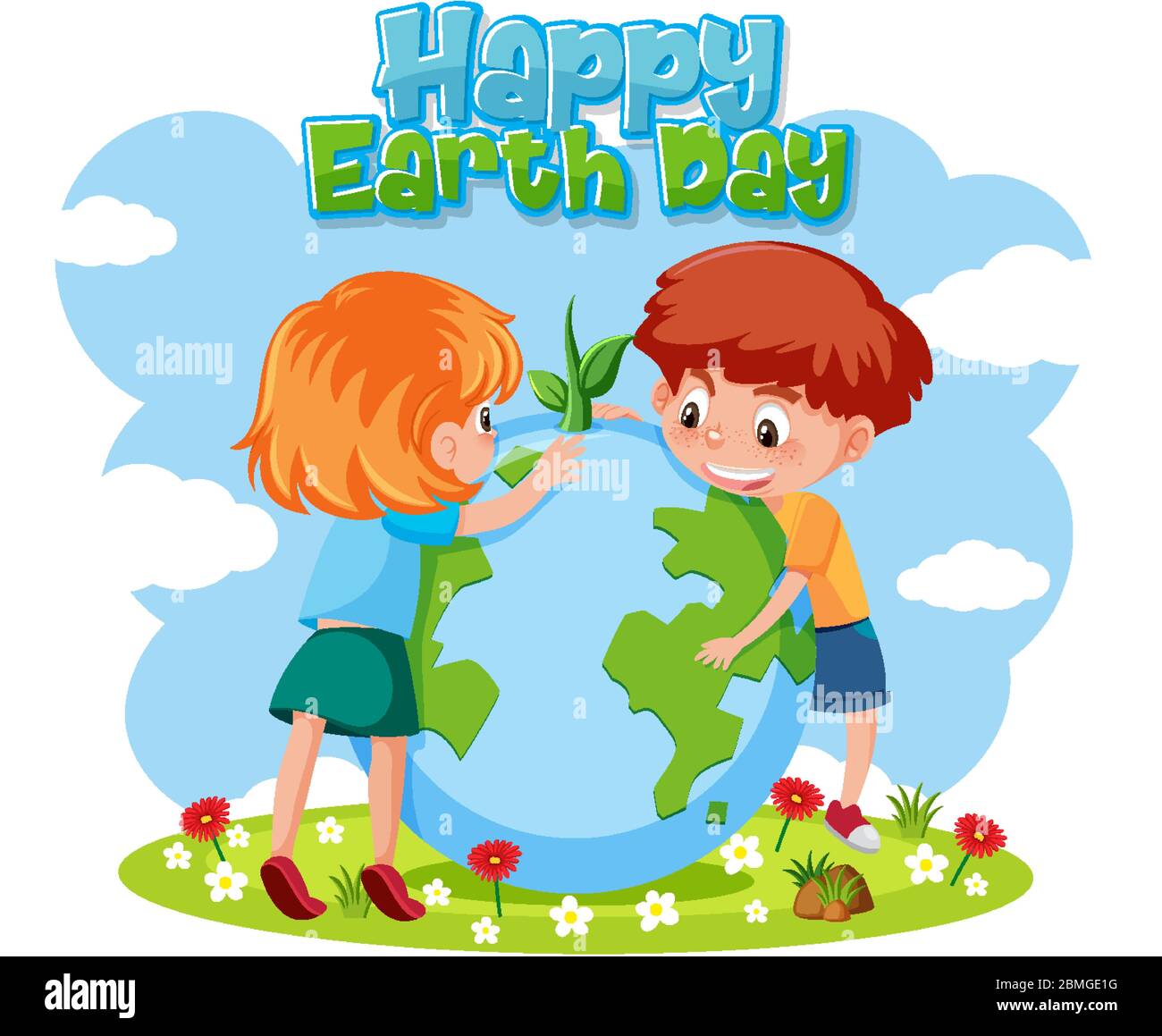 Poster design for happy earth day with happy children planting tree ...