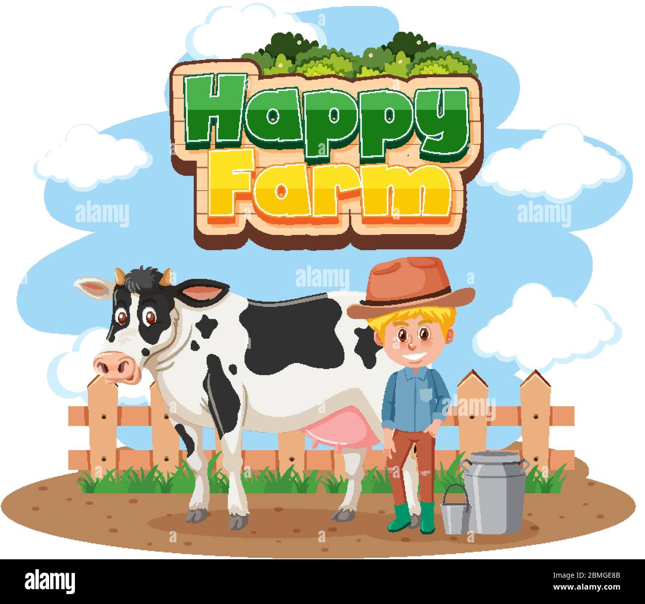 Font design for word happy farm with farmer and cow illustration Stock ...