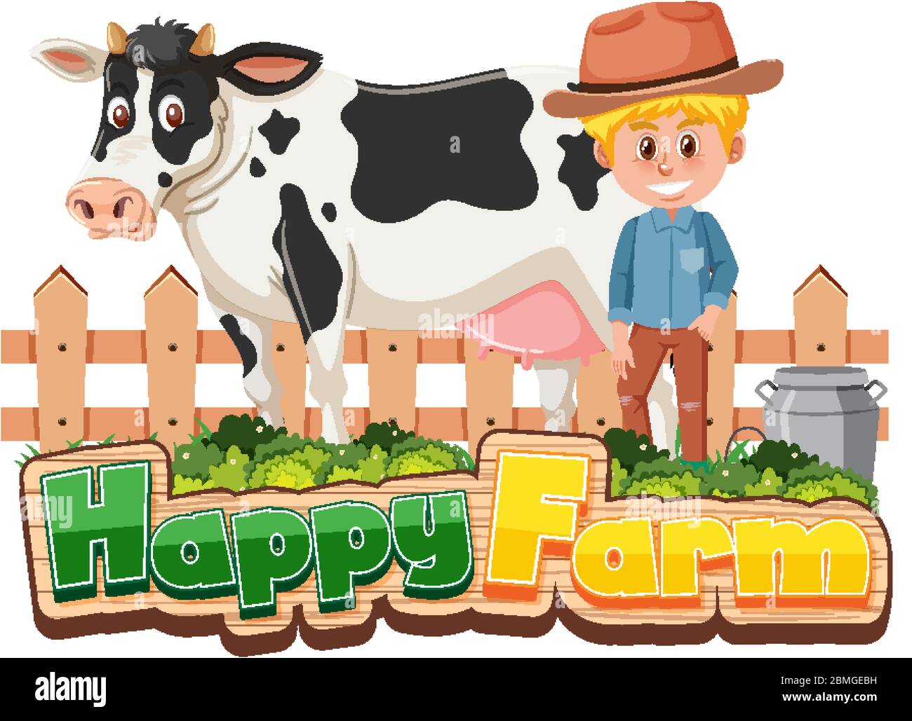 Font design for happy farm with farmer and cow illustration Stock ...