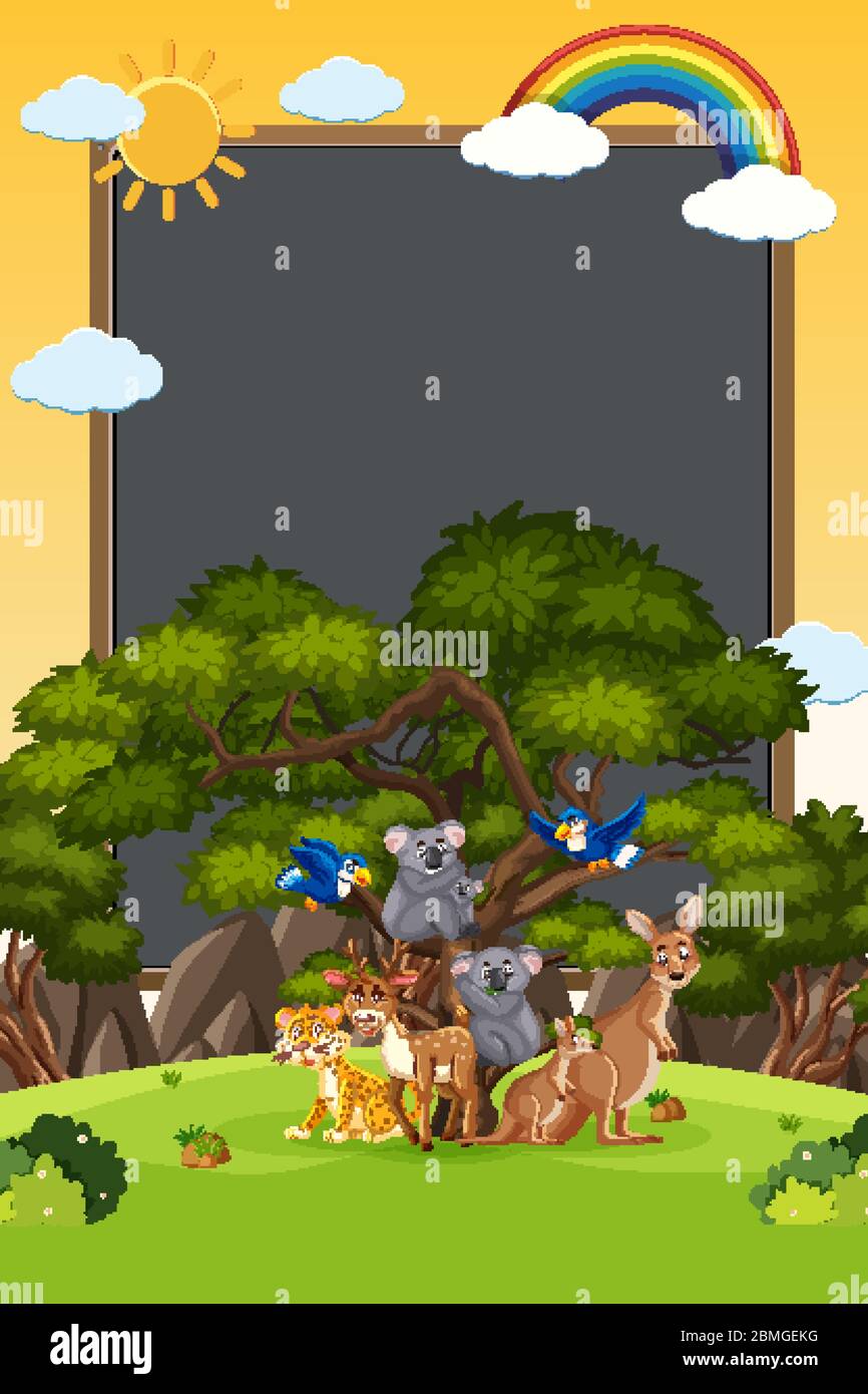 Border template design with many wild animals in background ...