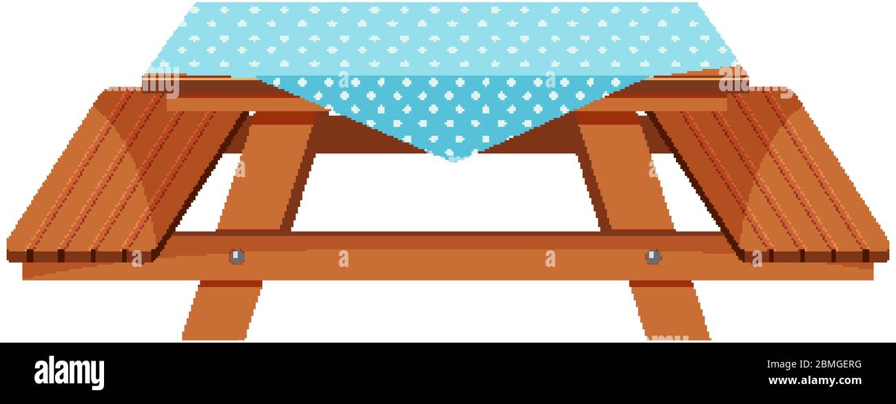Wooden picnic table with blue tablecloth illustration Stock Vector ...