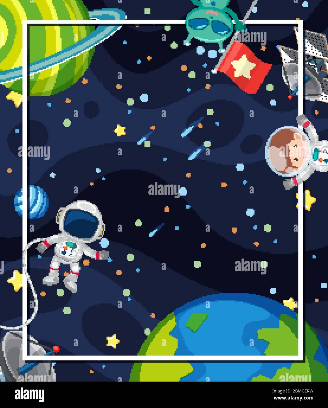 Frame design with many planets and astronauts in space illustration ...