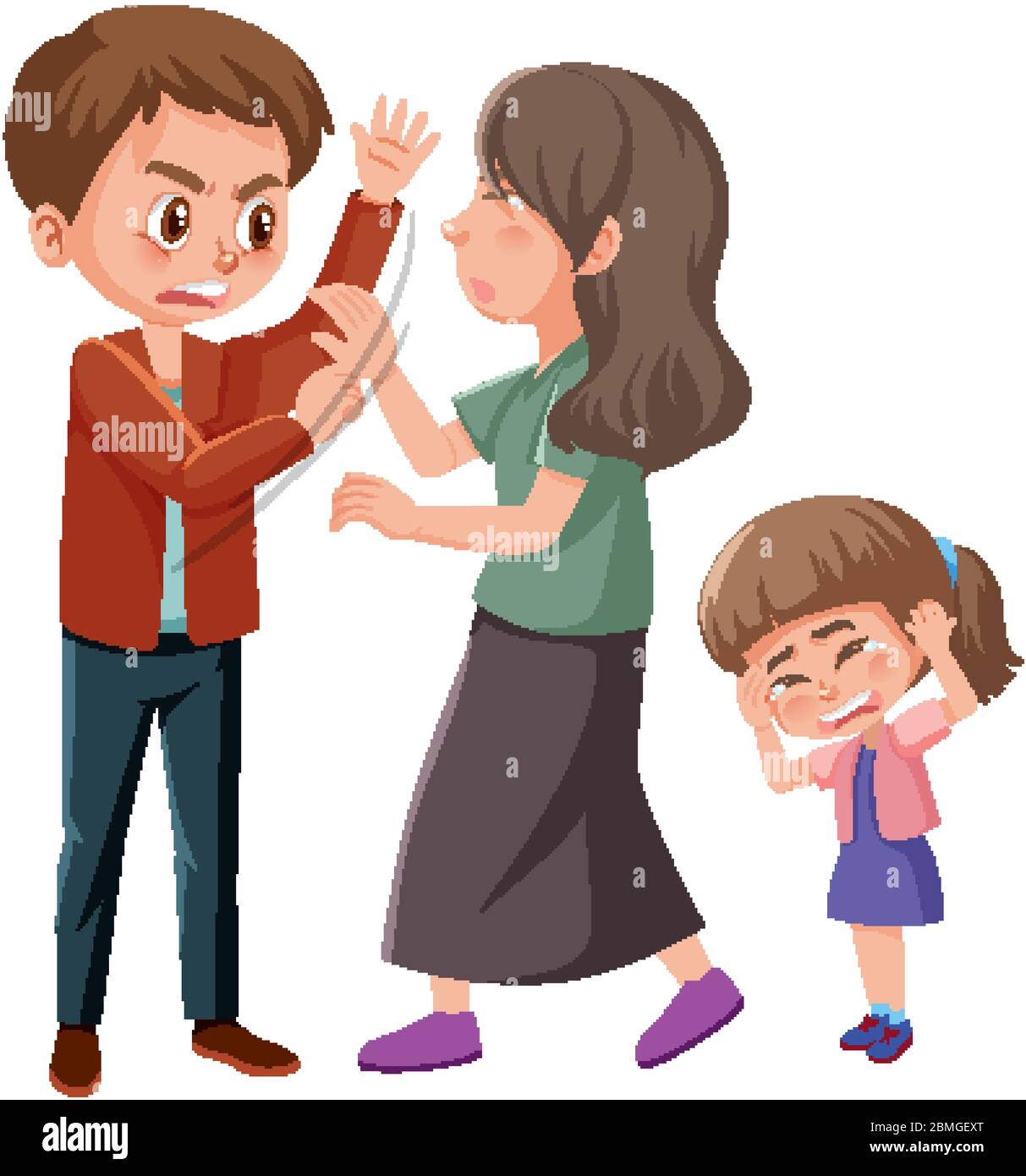 Domestic violence scene with parents fighting in front of little girl ...