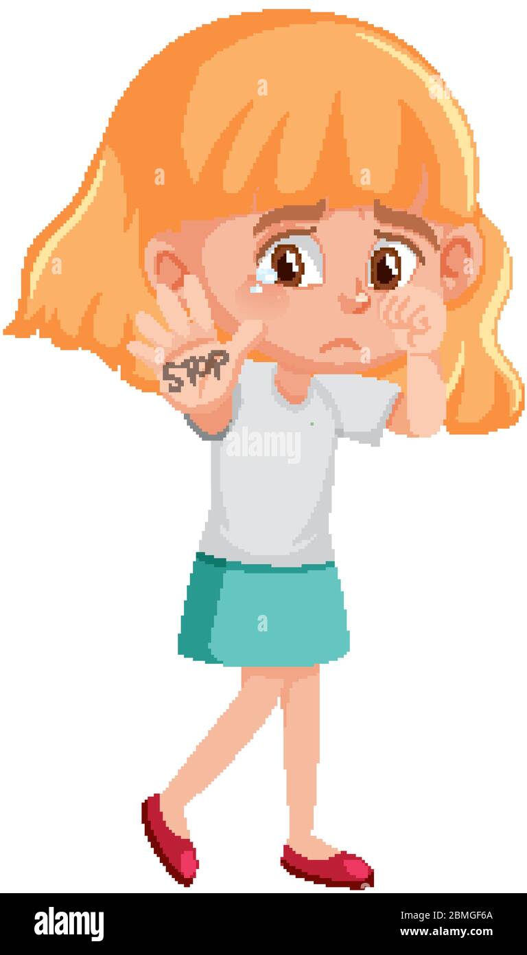 Crying girl with hand written the word stop illustration Stock Vector ...