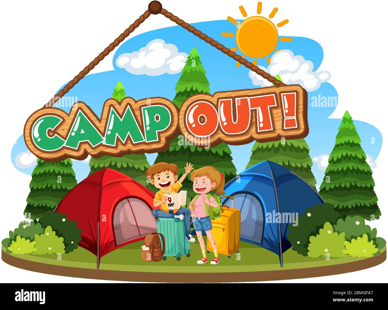 Font design for camp out with tent in the park illustration Stock ...