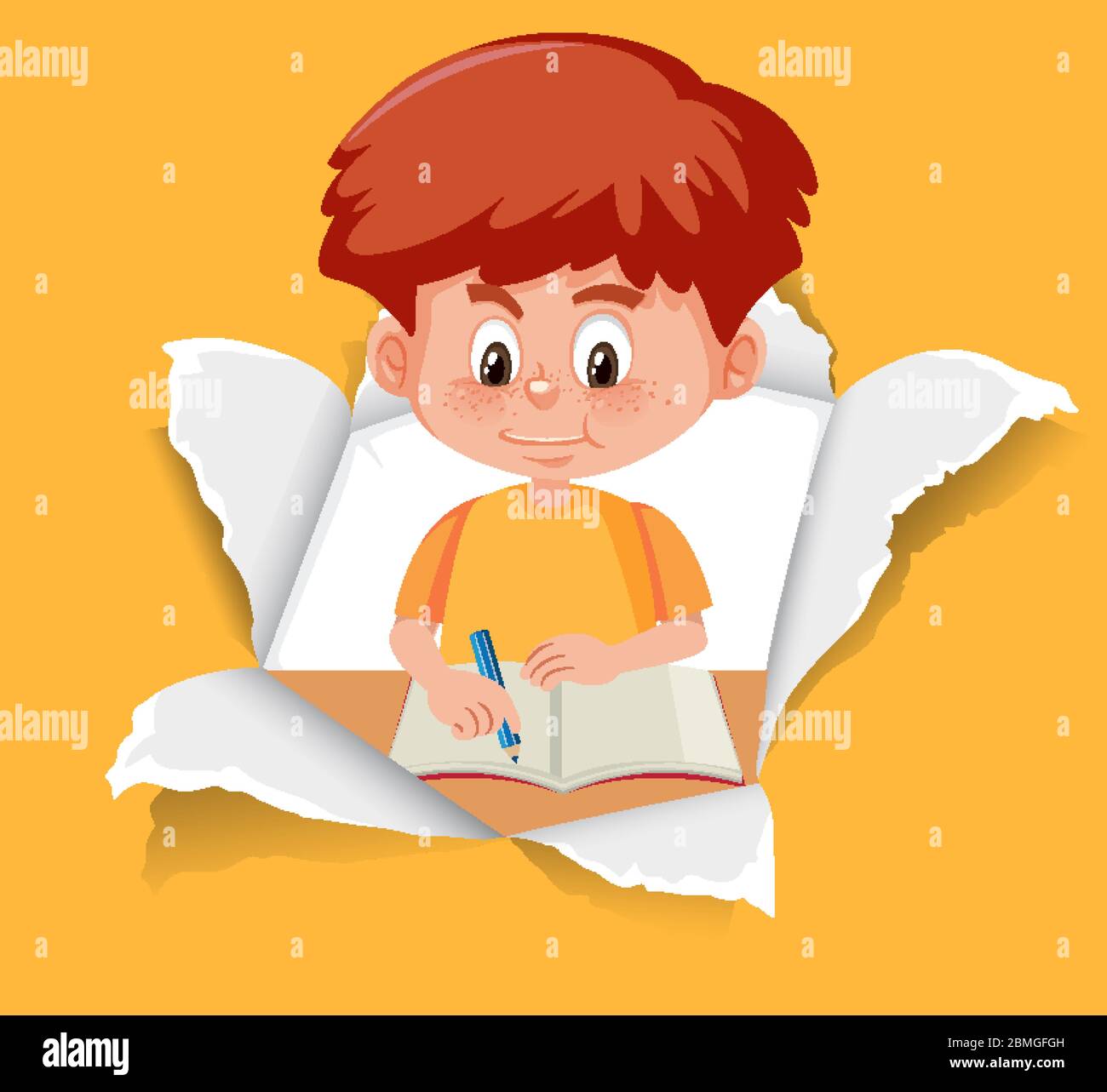 Background template design with happy boy writing illustration Stock ...