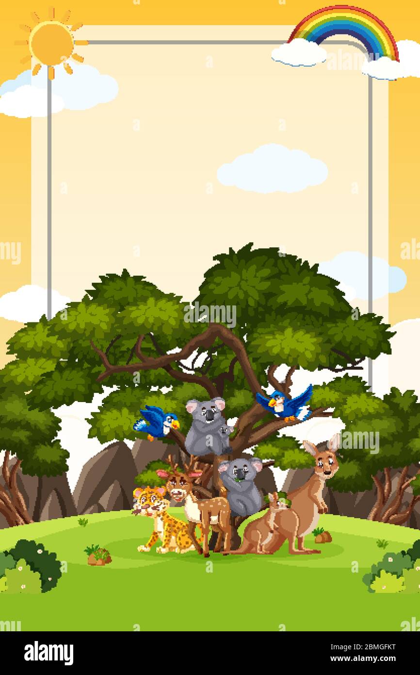 Border template design with many wild animals in background ...