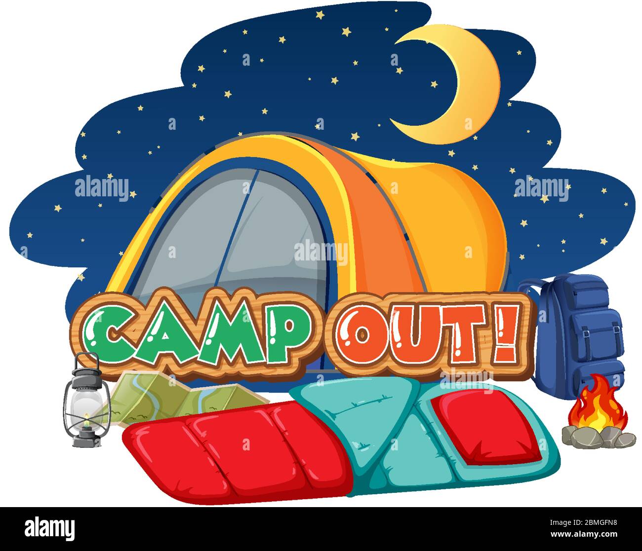 Font design for camp out with tent in the park illustration Stock ...